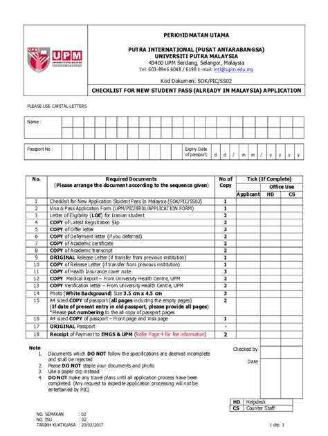 Fillable Online Checklist For New Student Pass Already In Malaysia