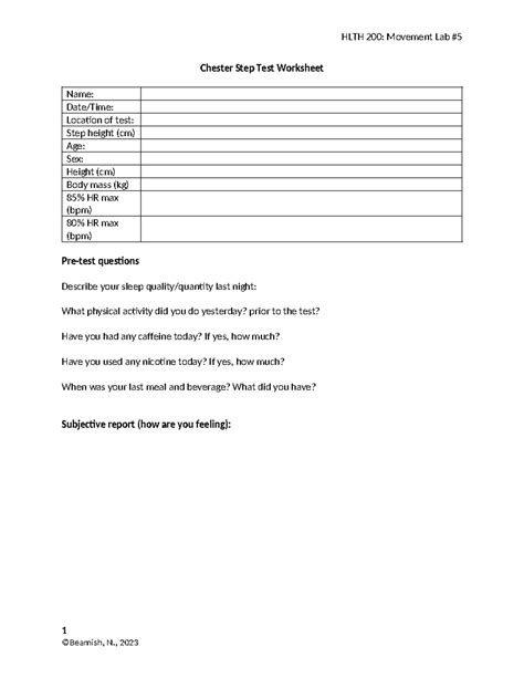 Chester Step Test Hlth 200 Movement Lab Chester Step Test Worksheet Name Datetime Location