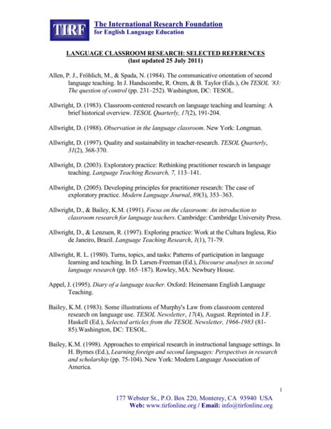 Language Classroom Research Selected References