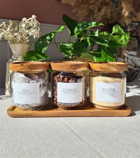 Set Of 3 Tea Coffee And Sugar Glass Jars With Acacia Wood Lid Etsy Uk