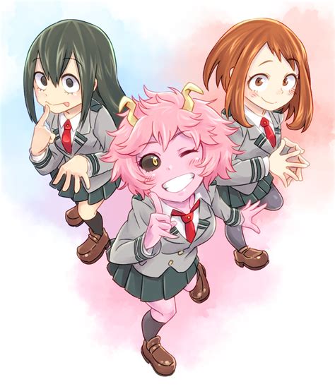 Safebooru 3girls P D Ashido Mina Asui Tsuyu Black Eyes Black Hair