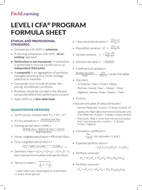 Cfa Formula Sheet Full Print Pdf Revenue Business