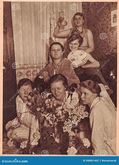 The Retro Photo Shows A Group Of Happy Girls Celebrate A Social Event