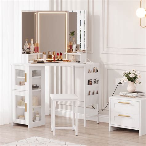 Corner Makeup Vanity Desk With Mirror Stool And Storage Led Light