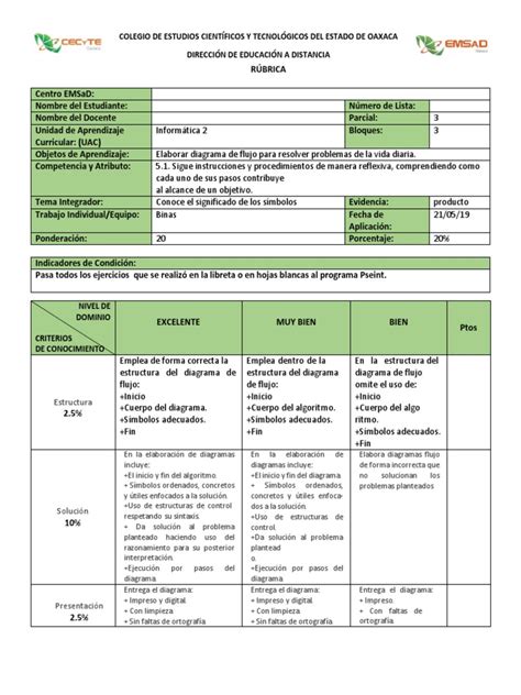 RÚbrica Diagrama De Flujo 20docx Algoritmos Cognición