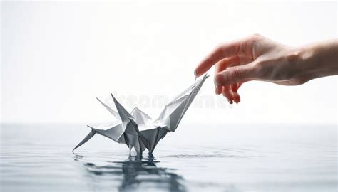 Hand Reaching Towards Origami Crane On Calm Water Surface Stock Image