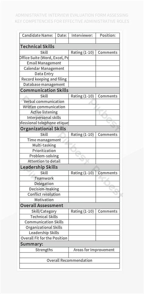 Administrative Interview Evaluation Form Assessing Key Competencies For