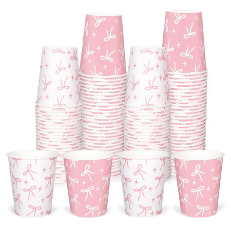 Whaline 100pcs Pink Bow Paper Cups 9 Oz Disposable Coffee Cups Bow