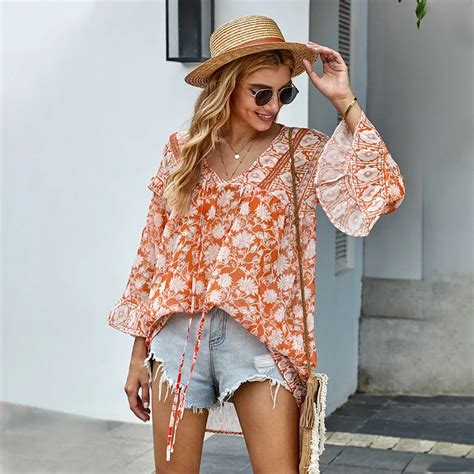Womens Floral Boho Ruffle V Neck Flared Sleeve Top
