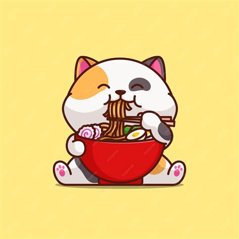 Premium Vector Cute Cat Eating Ramen Noodle Simple Cartoon Vector