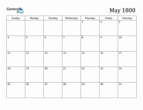 May 1800 Monthly Calendar