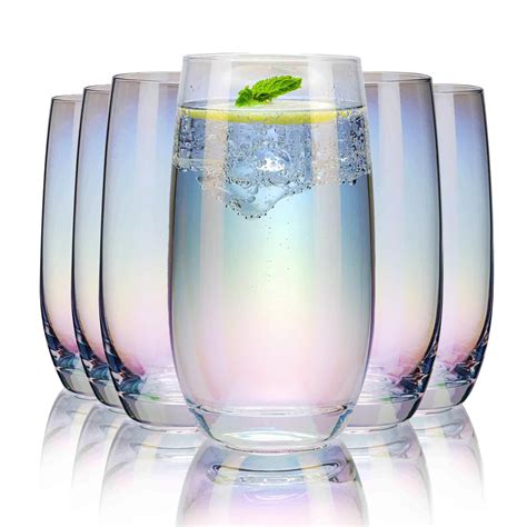 Hokku Designs Iridescent Drinking Glasses Set Of 6 Crystal Highball Water Glasses Glass Cups
