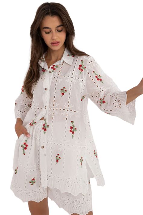 Teek White Poked Red Floral Shirt Short Set
