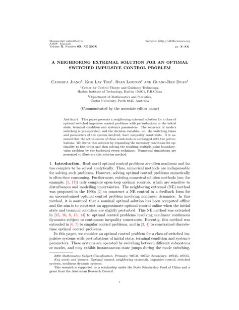 Pdf A Neighboring Extremal Solution For An Optimal Switched Impulsive