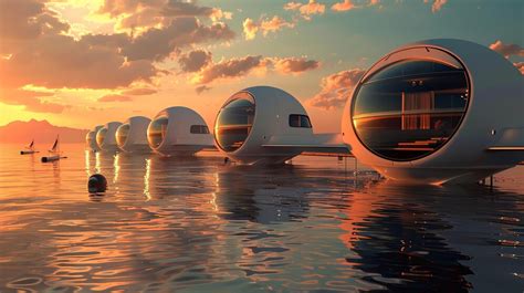 Futuristic Floating Homes On The Ocean At Sunset Premium Ai Generated