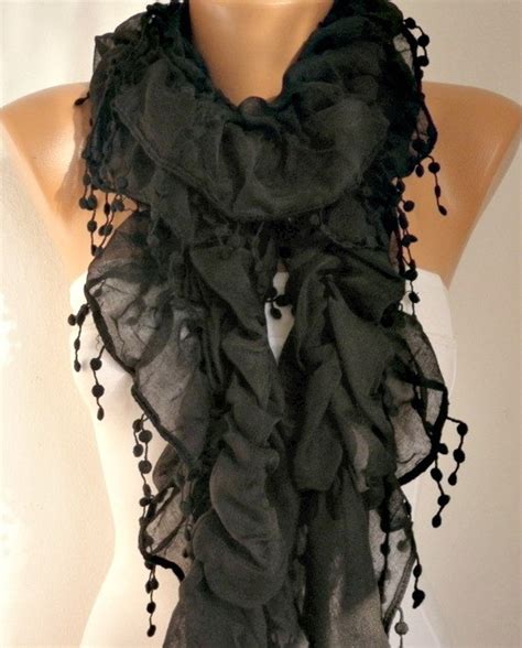 Black Cotton Scarf Black Ruffled Scarf Black Lace Scarf Black Scarf