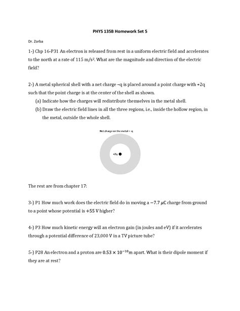 Phys 135b Homework Set 5 Electric Field And Charge Problems Prof
