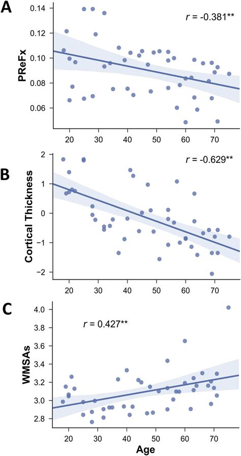Relationship Between Age And Prefx A Cortical Thickness B And