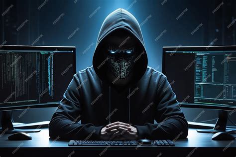 Mysterious Hacker In Dark Hoodie Working On System Breaches In A Dimly Lit Room Premium Ai