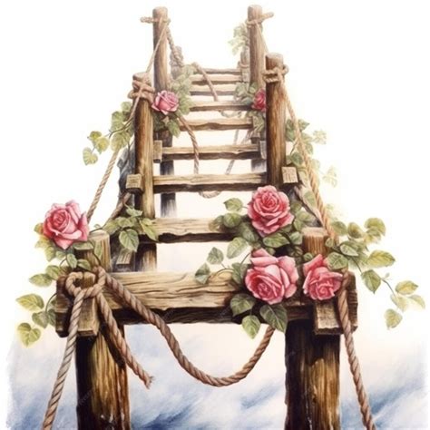 Premium Photo Painting Of A Wooden Ladder With Roses On It And A Rope