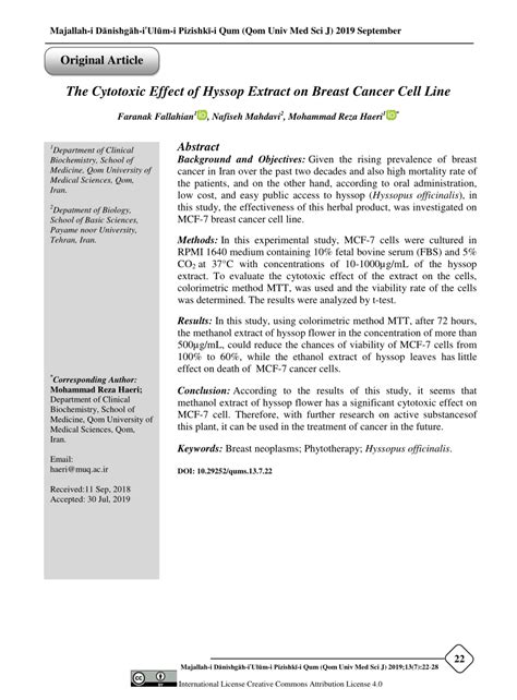 Pdf The Cytotoxic Effect Of Hyssop Extract On Breast Cancer Cell Line