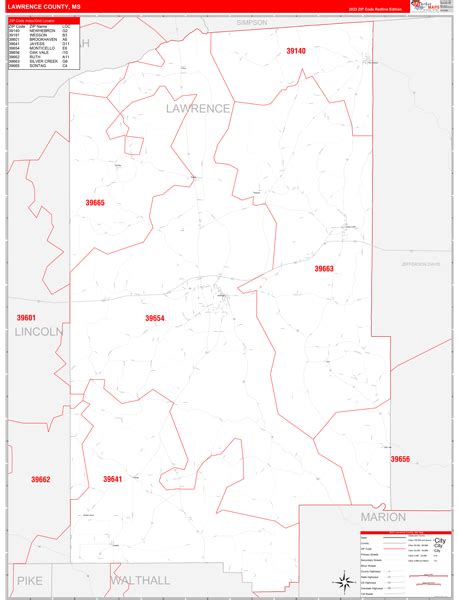 Lawrence County Ms Zip Code Wall Map Red Line Style By Marketmaps