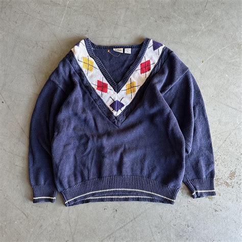 Navy Blue Argyle V Neck Sweater Knitwear 90s Size Ml Depop