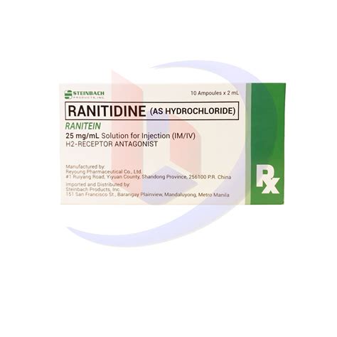 Ranitidine As Hydrochloride Ranitein 25mgml Solution For Injection