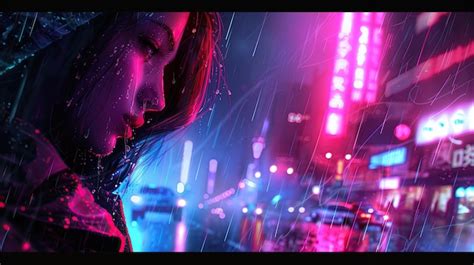 Neon Rain Falls On A Woman In A Synthwave City Premium Ai Generated Image