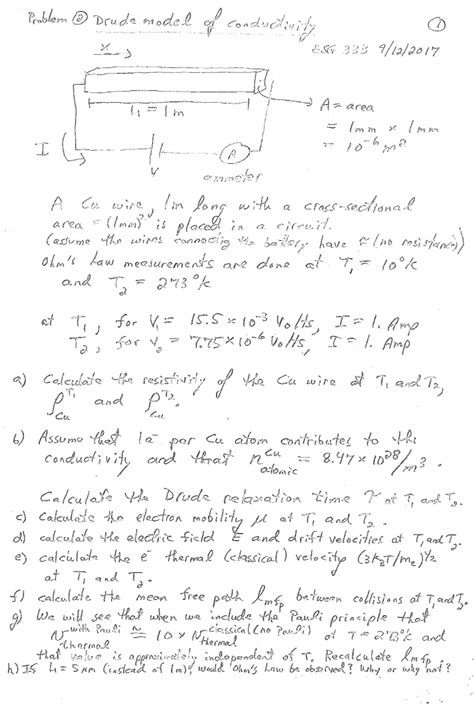 Solved Drude Model Of Conductivity A Cu Wire 1 M Long With