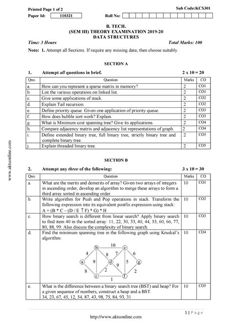 Btech Cs Sem Data Structures Kcs Printed Page Of Sub Code KCS Paper Id