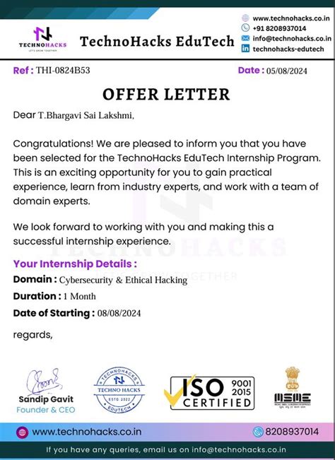 Tanneru Bhargavi Sai Lakshmi On Linkedin Cybersecurity Infosec Technohacksedutech Internship