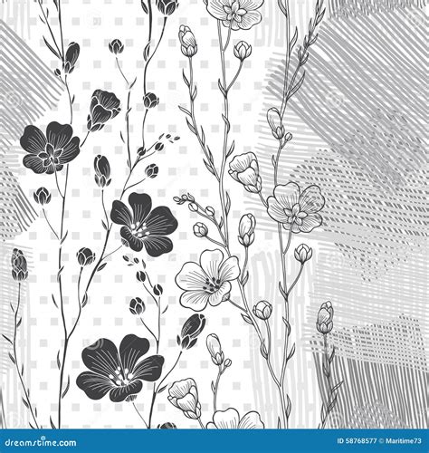 Monochrome Seamless Pattern Of Abstract Flowers Hand Drawn Flor Stock Illustration