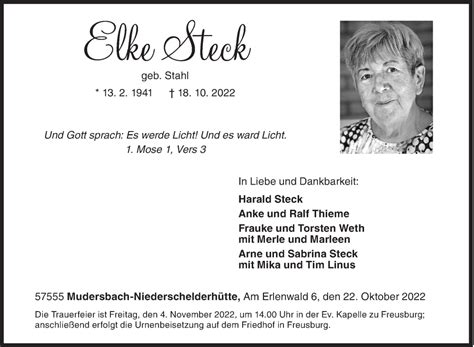 Traueranzeigen Von Elke Steck 57trauer De