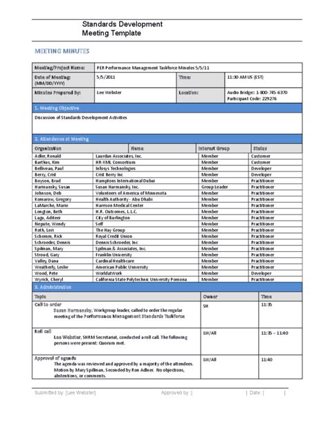 Standards Development Meeting Minutes Template Free Download