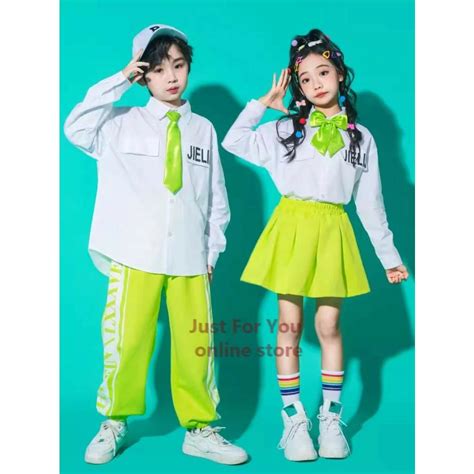 蛍光緑 バラ色 黄色 オレンジ 韓国 子供服 ダンス衣装 女の子スカート シャツ 蝶結び付き 応援団 チアリーディング Hiphop K