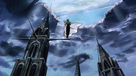 An Image Of A Man Flying Through The Air On Top Of Two Tall Buildings In Front Of A Cloudy Sky