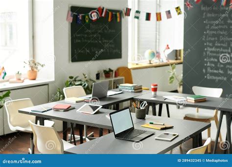 Empty Classroom With Computers On Table Stock Image Image Of Learn Knowledgeforall 289432345