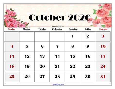 October 2026 Calendar Printable Pdf Templates Free Download