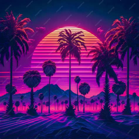 Premium Photo Synthwave Sunset Landscape With Palm Trees Retro Wave