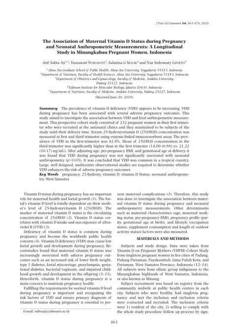 Pdf The Association Of Maternal Vitamin D Status During Pregnancy And Neonatal Anthropometric