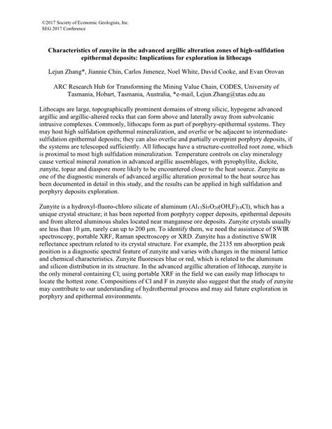 Characteristics Of Zunyite In The Advanced Argillic Alteration Zones Of High Sulfidation