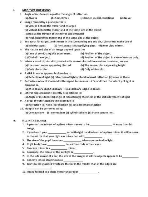 Mcq Type Questions Pdf Lens Optics Reflection Physics