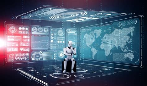 Xai Thinking Ai Humanoid Robot Analyzing Hologram Screen Showing Concept Big Data Stock