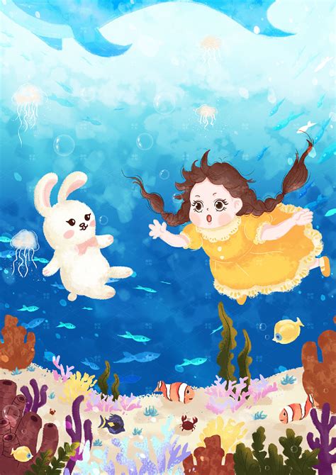 小女孩和小兔子在海里 画师小旭 站酷zcool