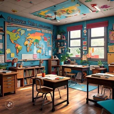 A Classroom With A Mural Of The World On The Wall Premium Ai