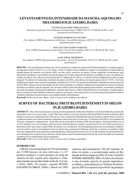 Pdf Survey Of Bacterial Fruit Blotch Intensity In Melon In Juazeiro