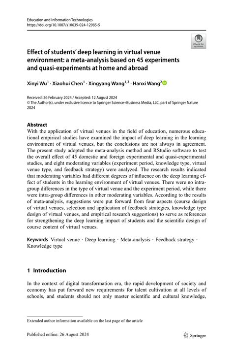 Pdf Effect Of Students Deep Learning In Virtual Venue Environment A