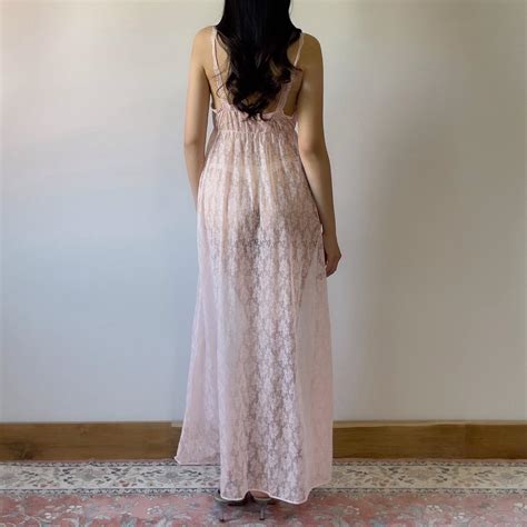 Vintage Pink Lace Sheer Slip Dress S M Chest Up Depop