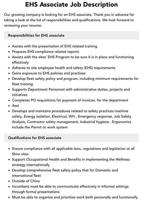 Ehs Associate Job Description Velvet Jobs